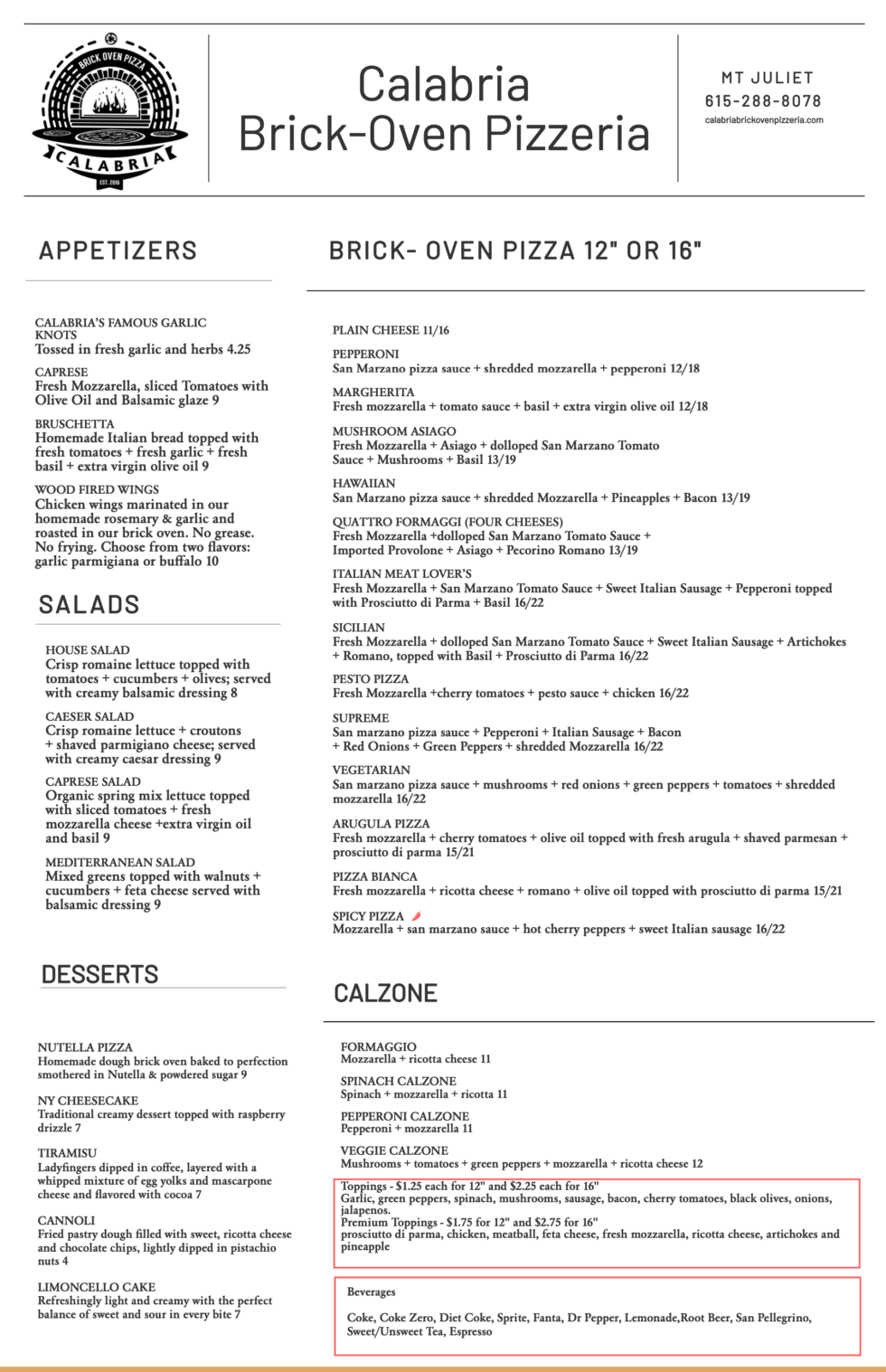 Our Menu - Calabria Brick Oven Pizza | Best Pizza in Mount Juliet TN